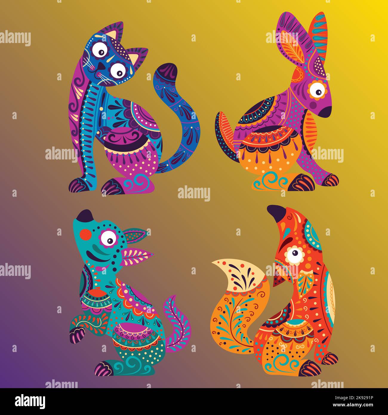 hand drawn dia de muertos alebrijes collection vector design ...