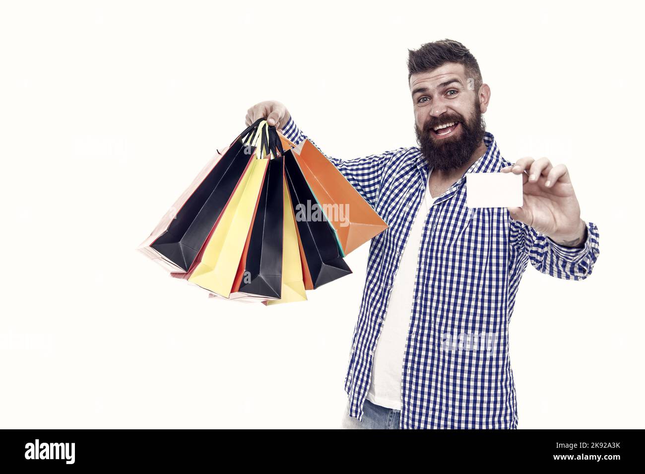 Safe shopping. Consumer protection concept. Man happy consumer hold ...