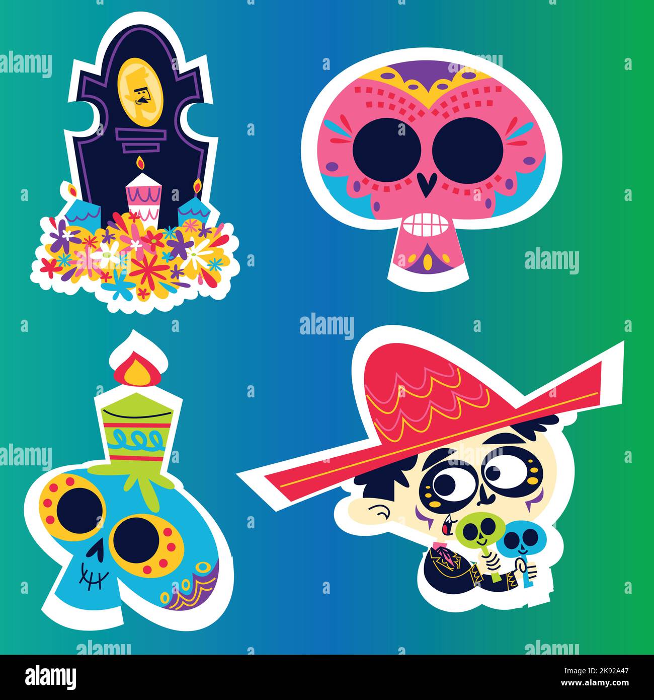 retro cartoon dia de los muertos sticker set vector design illustration ...