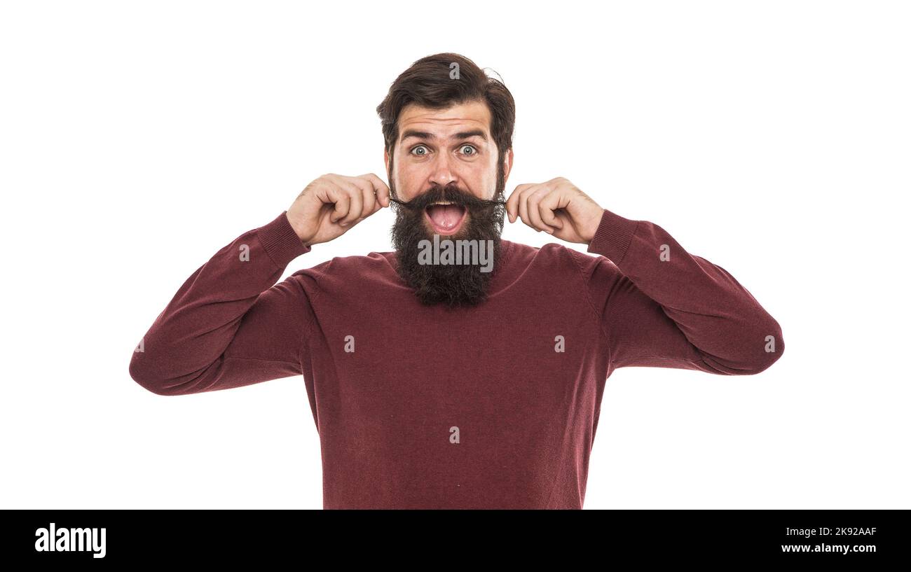 Moustache style. Handsome model white background. Long mustache. Well ...