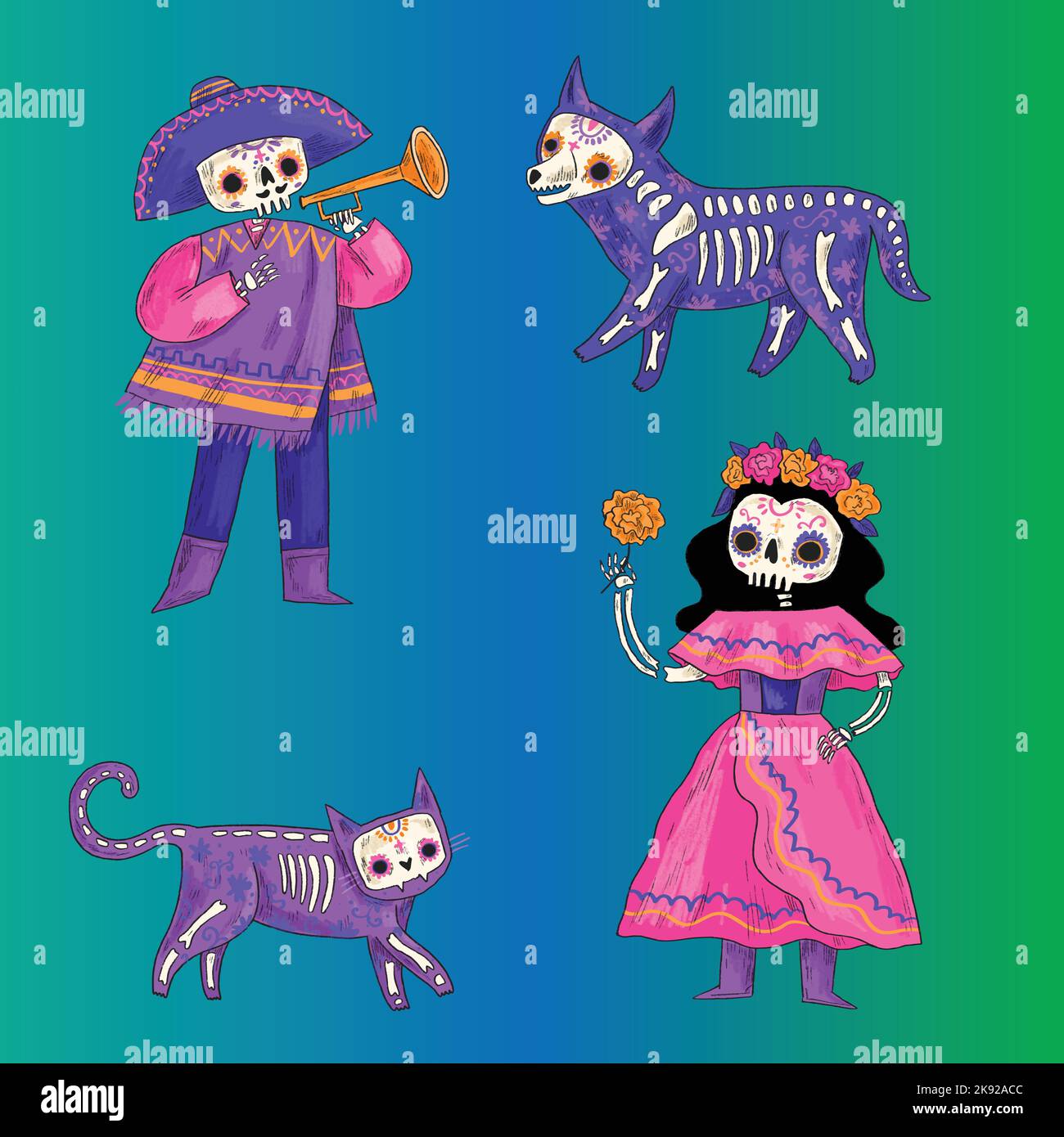 hand drawn dia de muertos character elements collection vector design ...