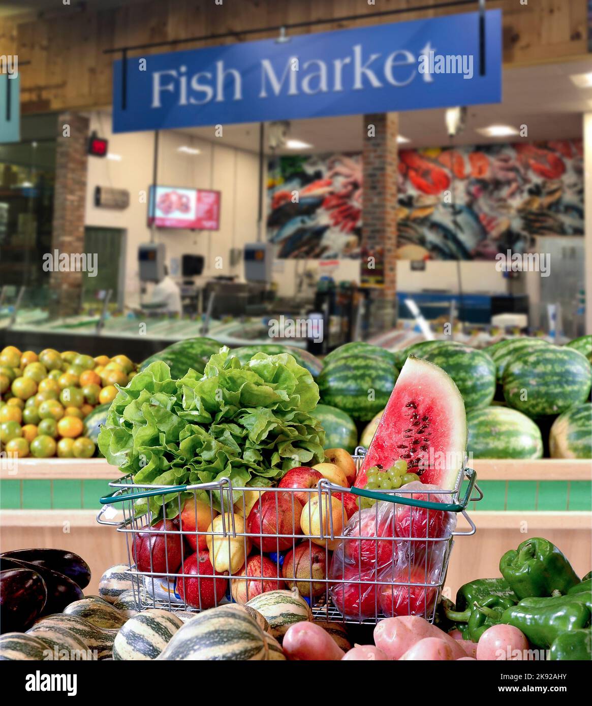 Basket fruit vegetables fish hi-res stock photography and images - Alamy