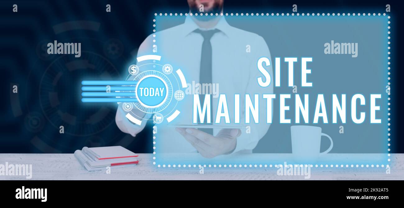 Text showing inspiration Site Maintenance. Business overview Monitoring ...