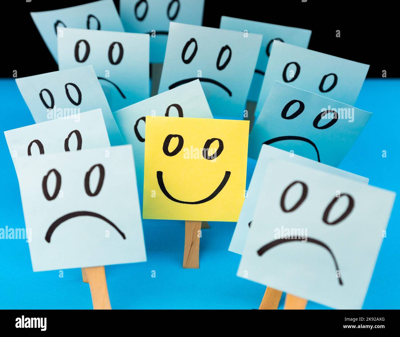Sticky notes with hand drawn Smiley face and Sad faces. Positive way of ...