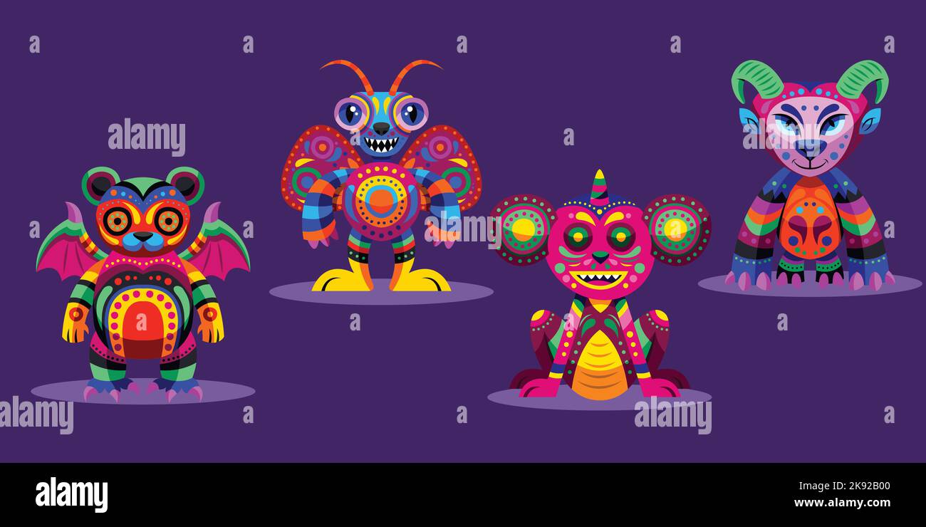 hand drawn flat dia de muertos alebrijes collection vector design ...