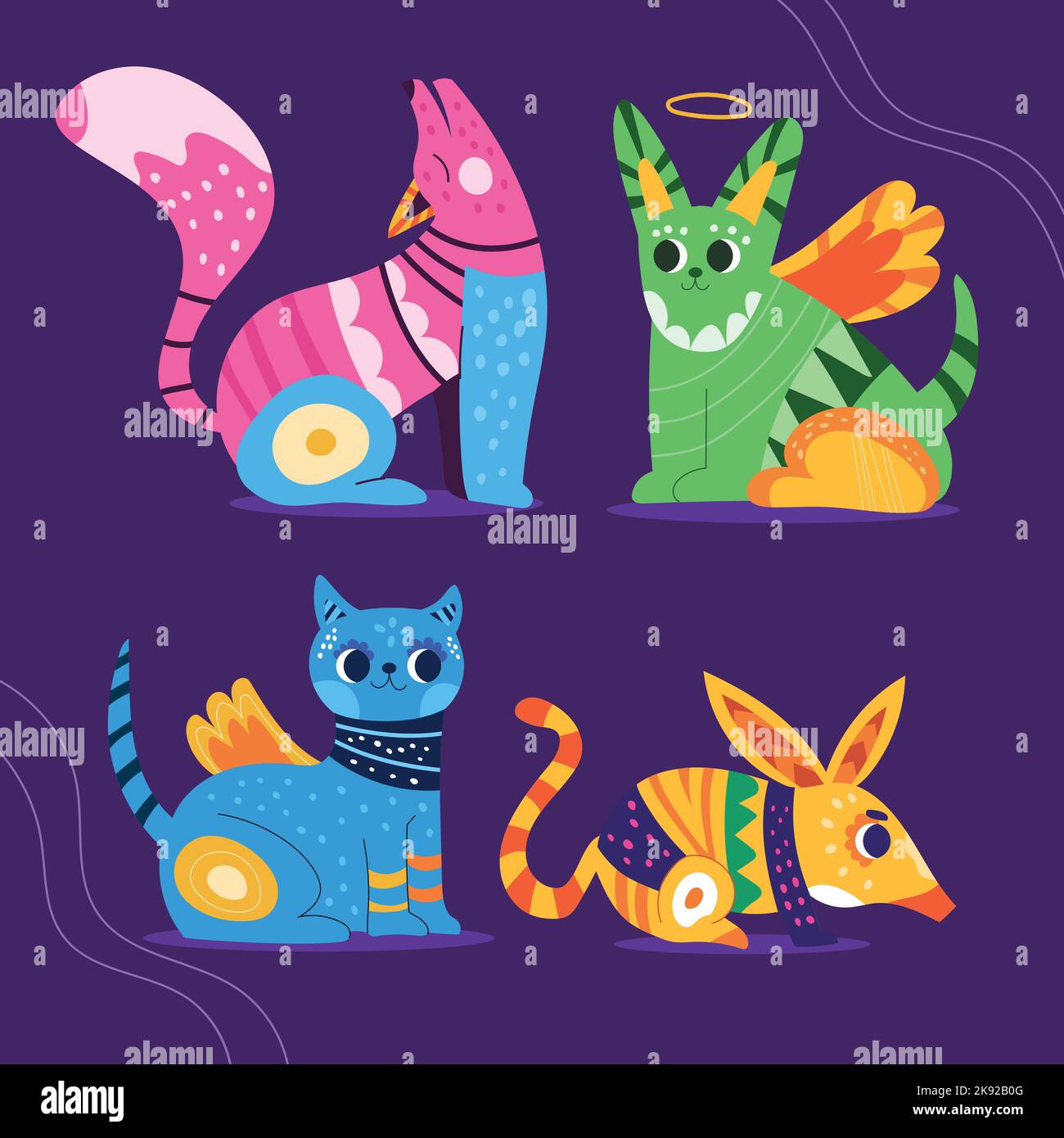 hand drawn flat dia de muertos alebrijes collection vector design ...