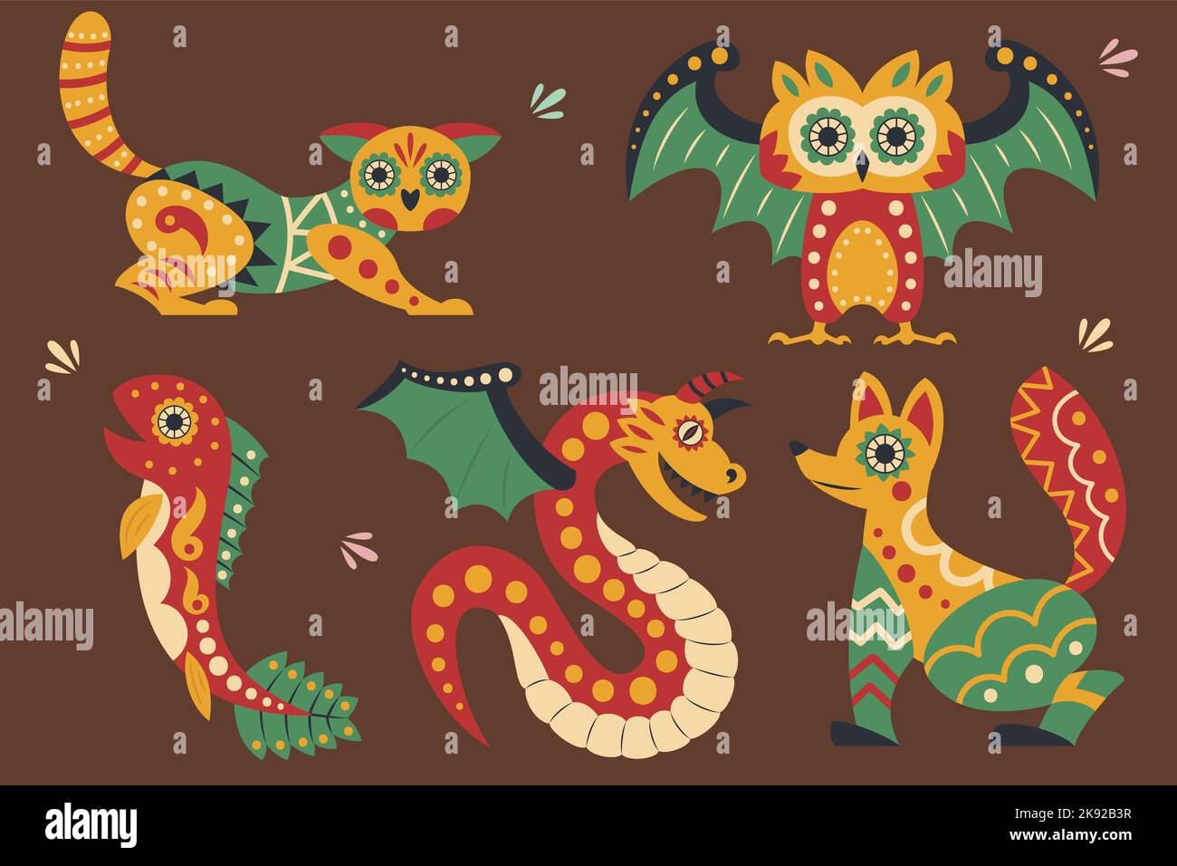 hand drawn flat dia de muertos alebrijes collection vector design ...