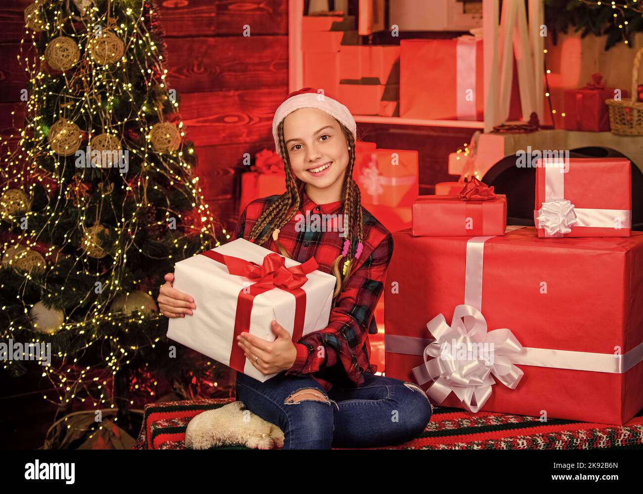 Present concept. Child enjoy celebration new year present. Season to ...