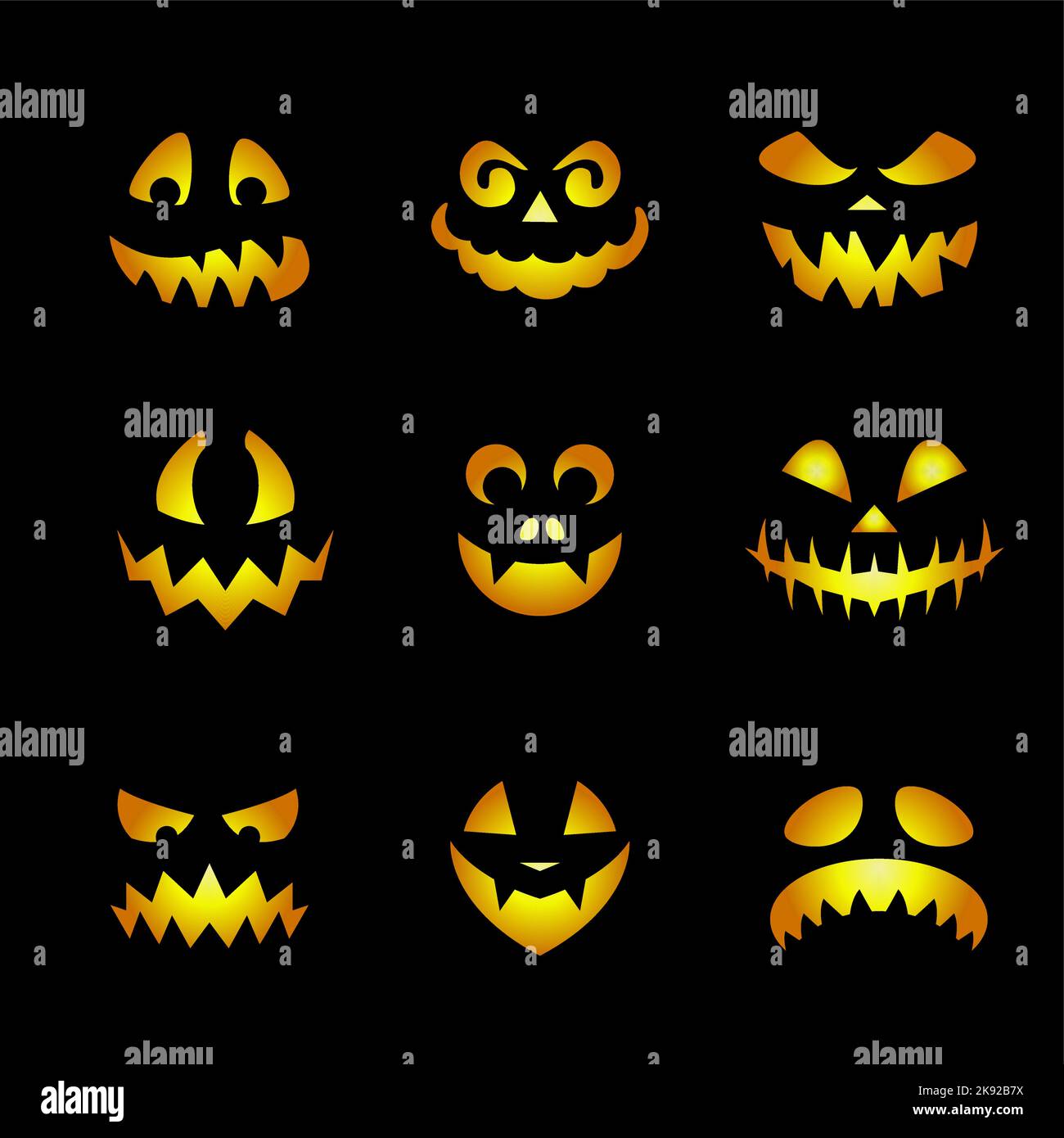 Glowing Pumpkin Faces Emoticons. Scary Halloween Emojis of Angry Ghost ...
