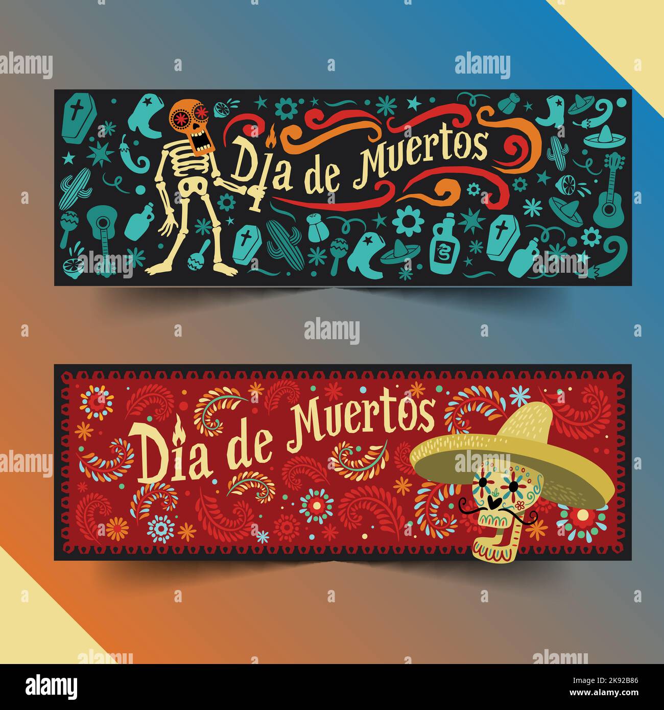 hand drawn dia de muertos horizontal banners set vector design ...