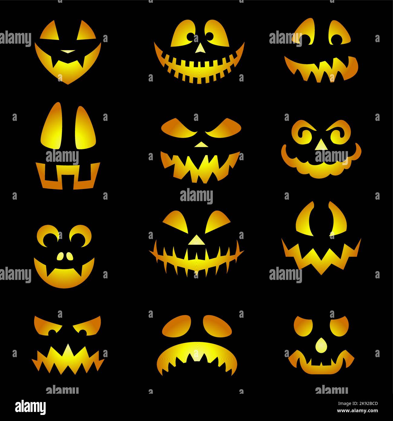 Glowing Pumpkin Faces Emoticons. Scary Halloween Emojis of Angry Ghost ...
