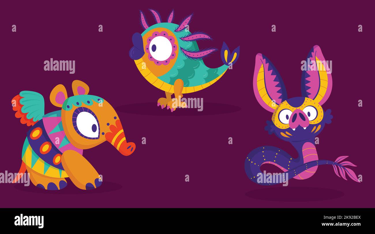 hand drawn flat dia de muertos alebrijes collection vector design ...