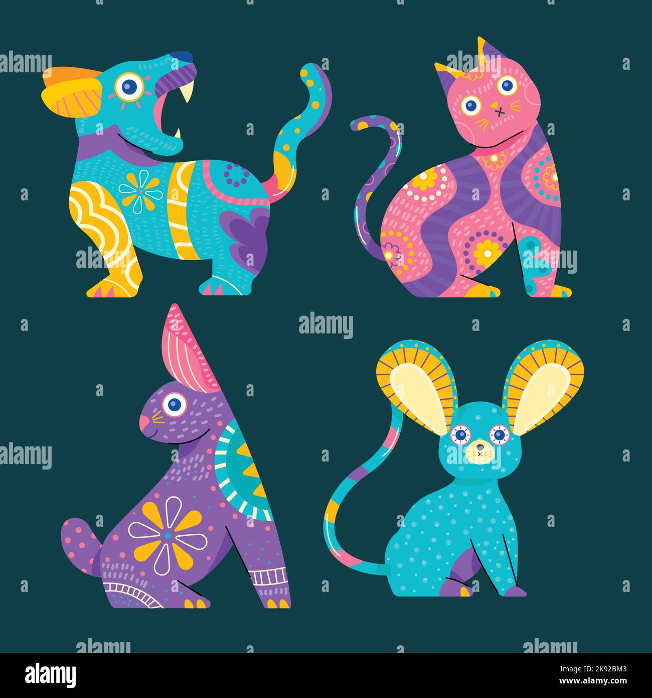 hand drawn flat dia de muertos alebrijes collection vector design ...
