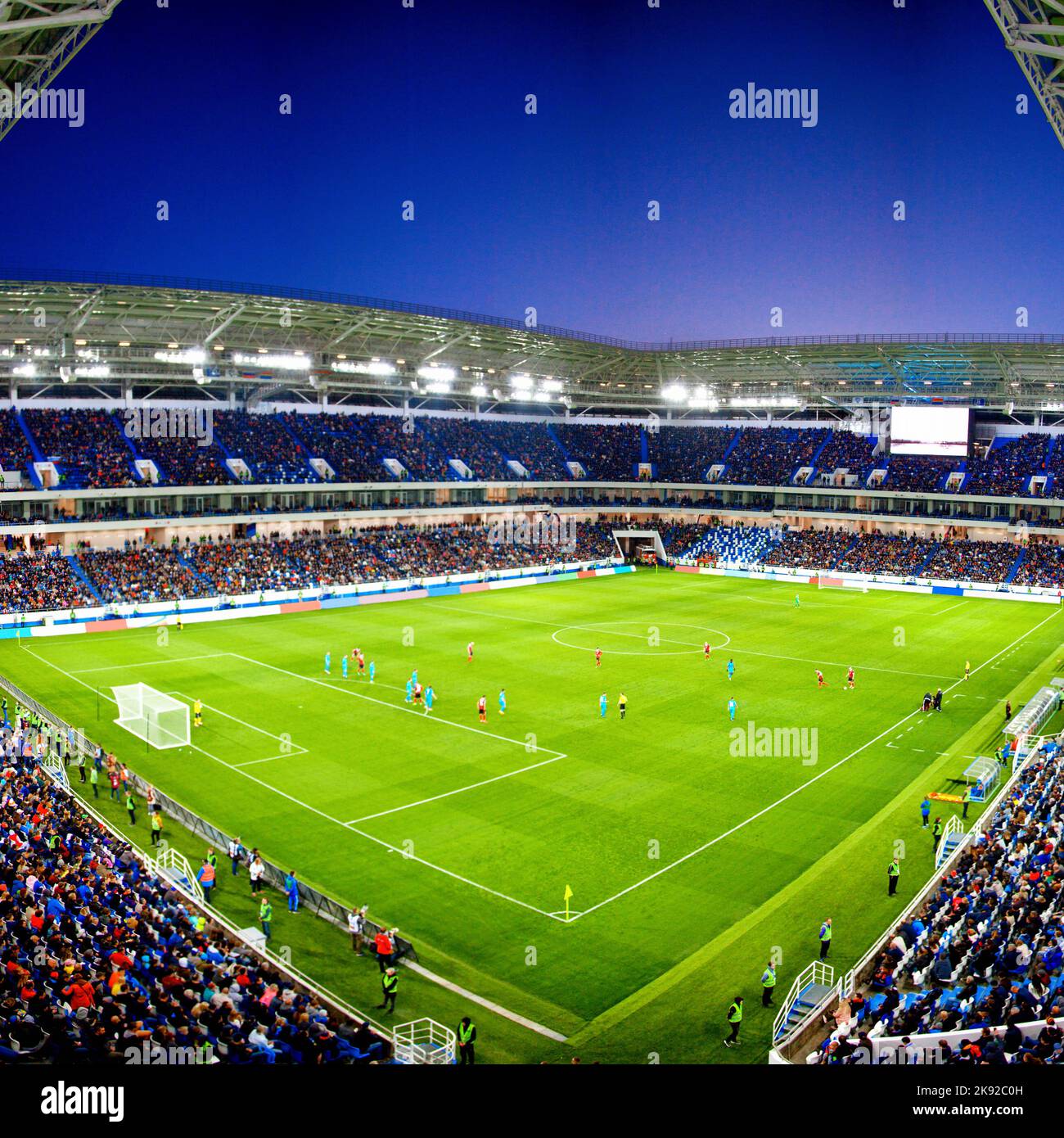 Football stadium, shiny lights, view from field. Soccer concept Stock ...