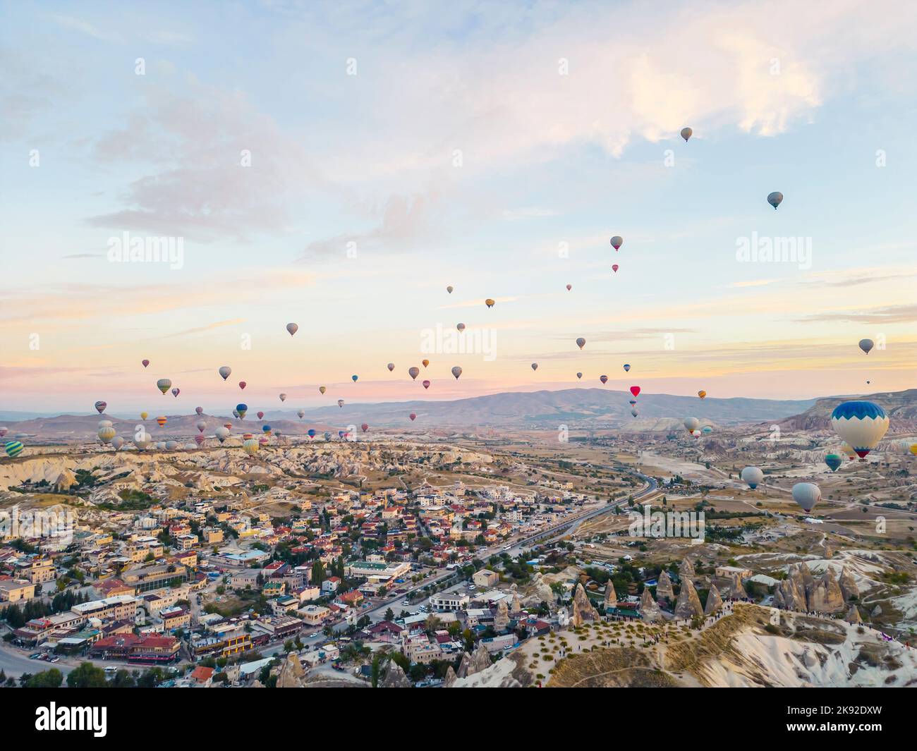 Aerial view of townscape of Cappadocia, Turkey with various colorful ...