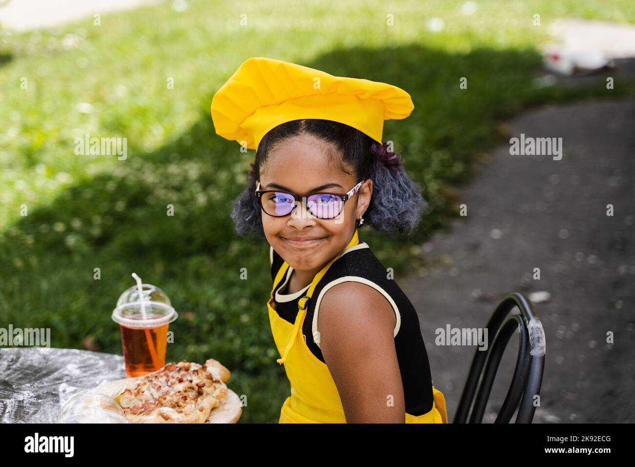 Black african cook child girl sin chefs hat and yellow apron uniform ...