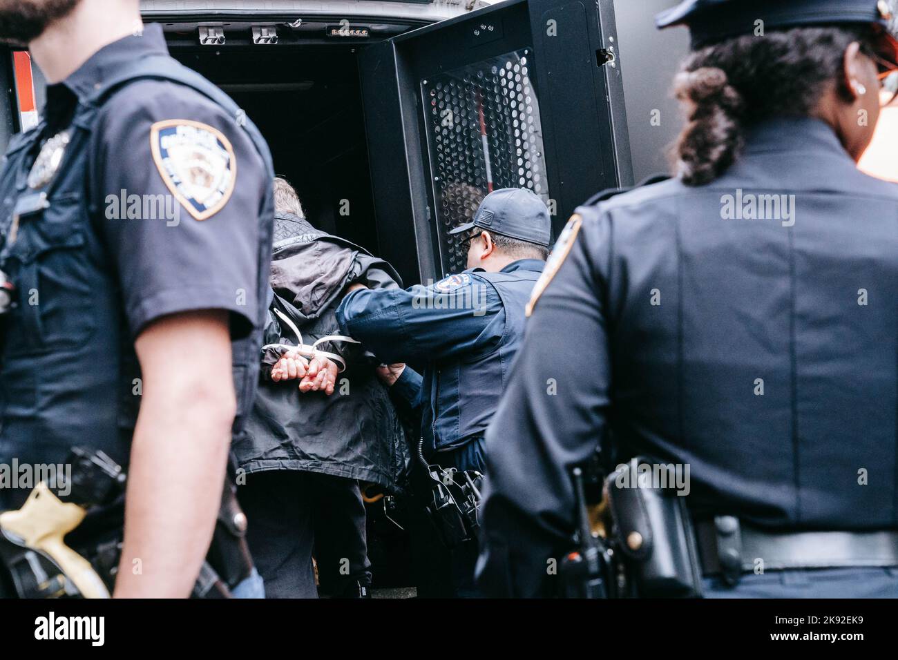 Police officer helps an elderly activist to climb in the back of a ...