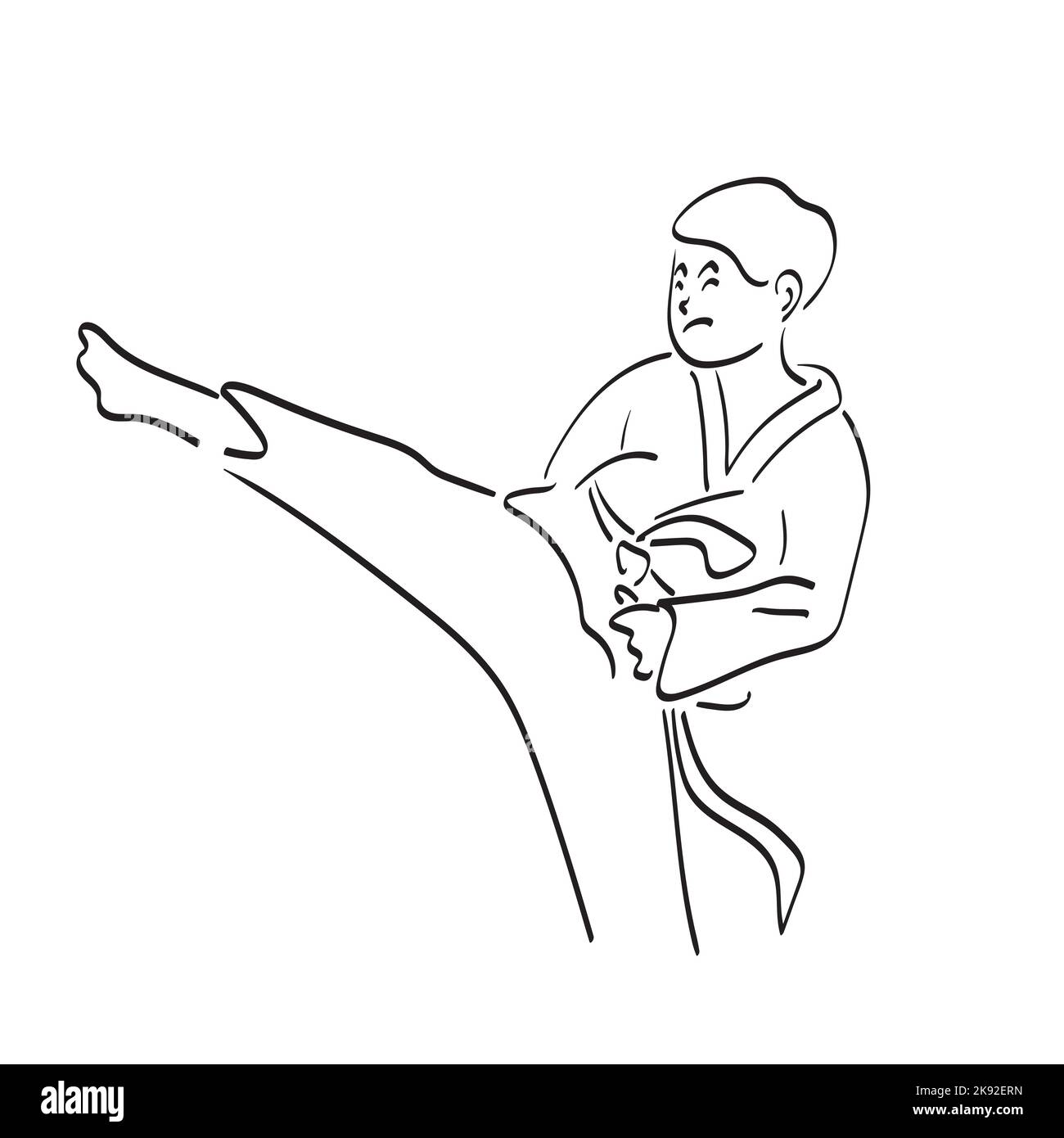 line art boy in karate suit kicking illustration vector hand drawn ...