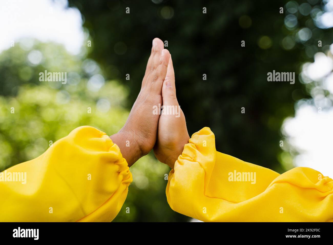 Clap hands and give five close-up. Black african and caucasian hands ...