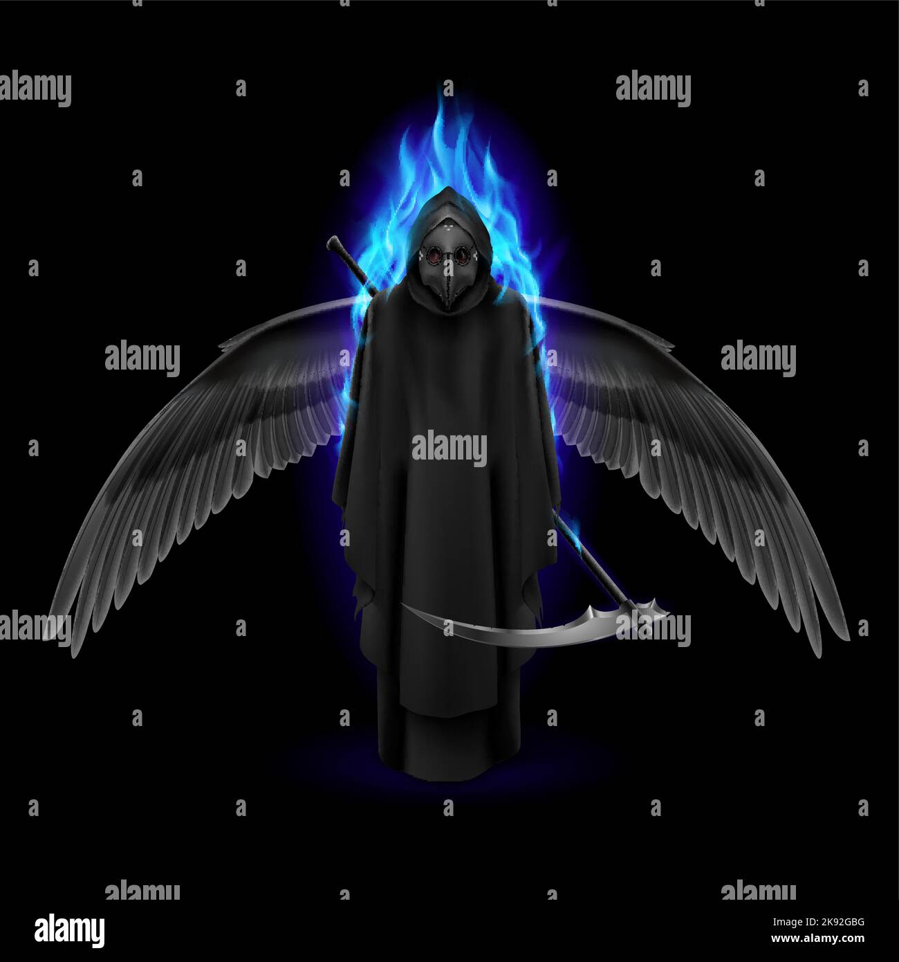 Plague Doctor with Wings and Blue Flame. Medieval Death Symbol Plague ...