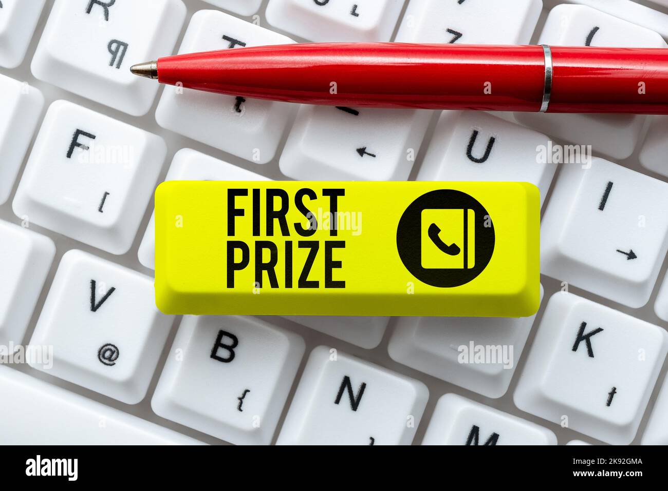 Sign displaying First Prize. Business showcase most coveted prize that ...