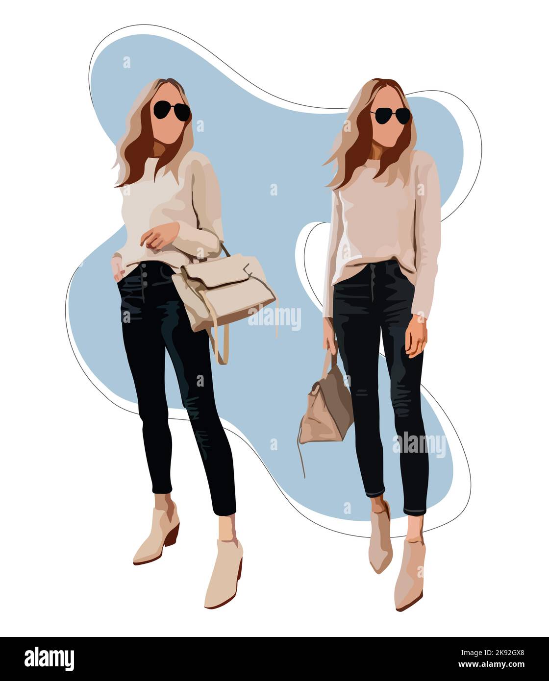 Collection of stylish young women dressed in trendy clothes set of ...
