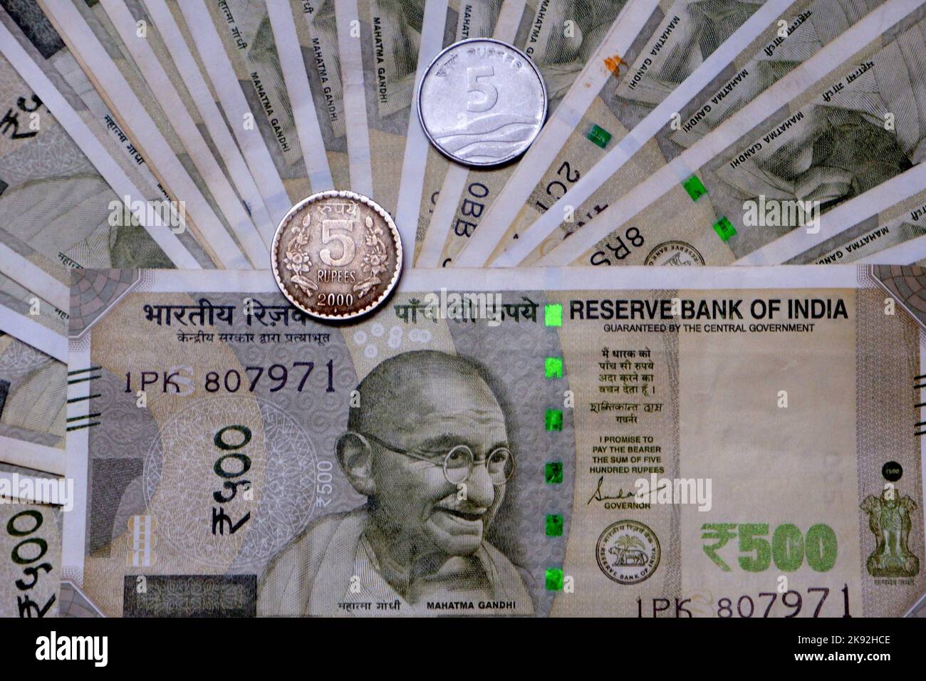 In this photo illustration, Indian Currency note of INR 500 & INR 5 ...