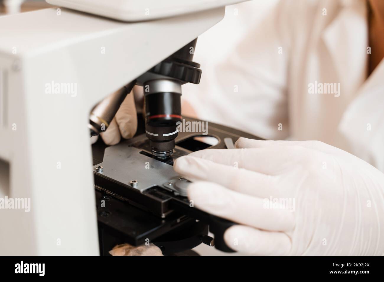 Blood analysis using microscope laboratory close-up. Medical equipment ...