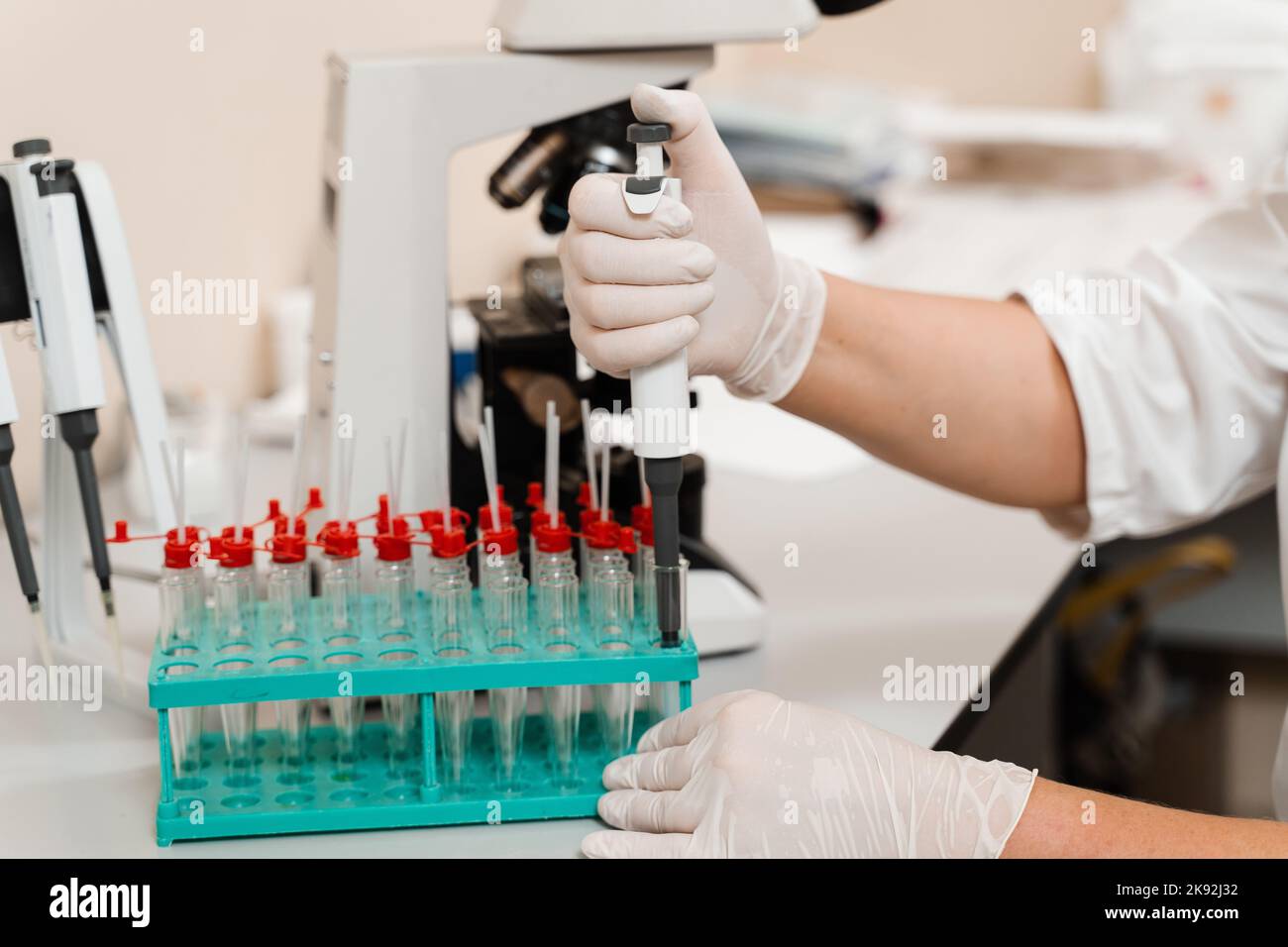 Blood analysis using microscope laboratory close-up. Medical equipment ...