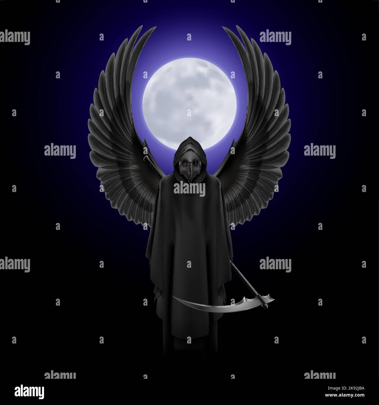 Plague Doctor with Two Wings Up Over Full Moon Background. Medieval ...