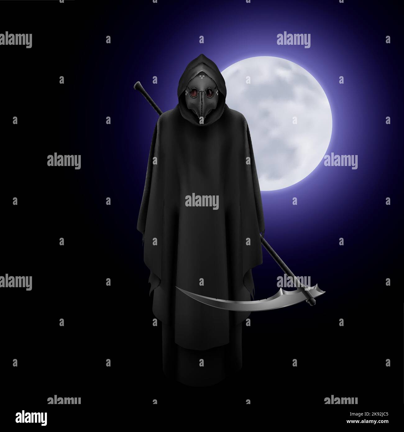 Terrifying Plague Doctor Over Full Moon Background. Medieval Death ...