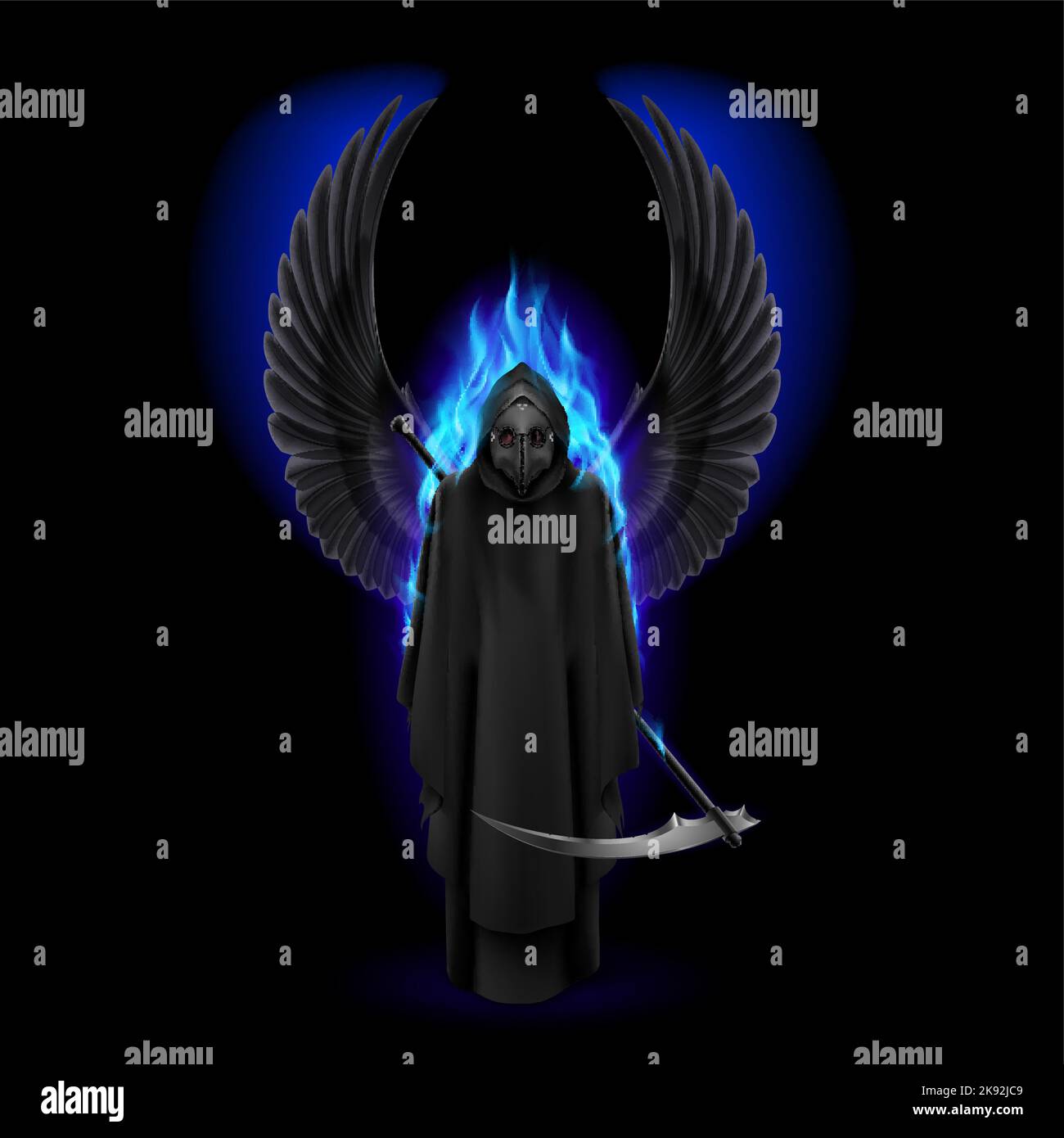 Plague Doctor with Wings and Blue Flame on Black. Medieval Death Symbol Plague Doctor Mask for ...
