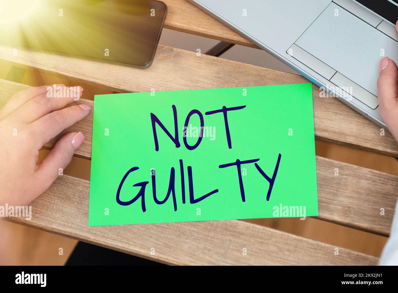 Text showing inspiration Not Guilty. Word for someone is innocent didnt ...