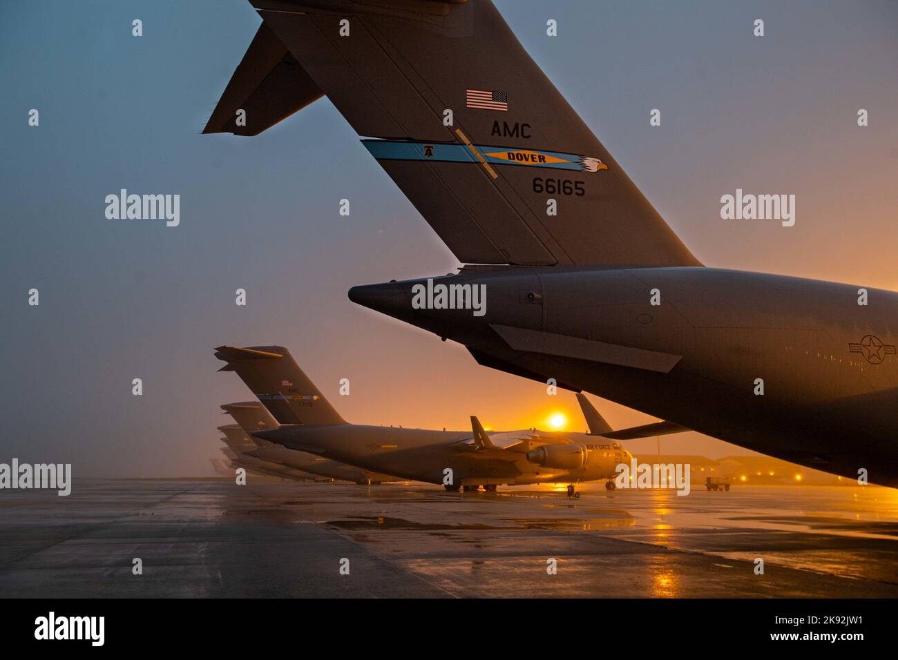 C-17 Globemaster IIIs sit on the flightline at Dover Air Force Base ...