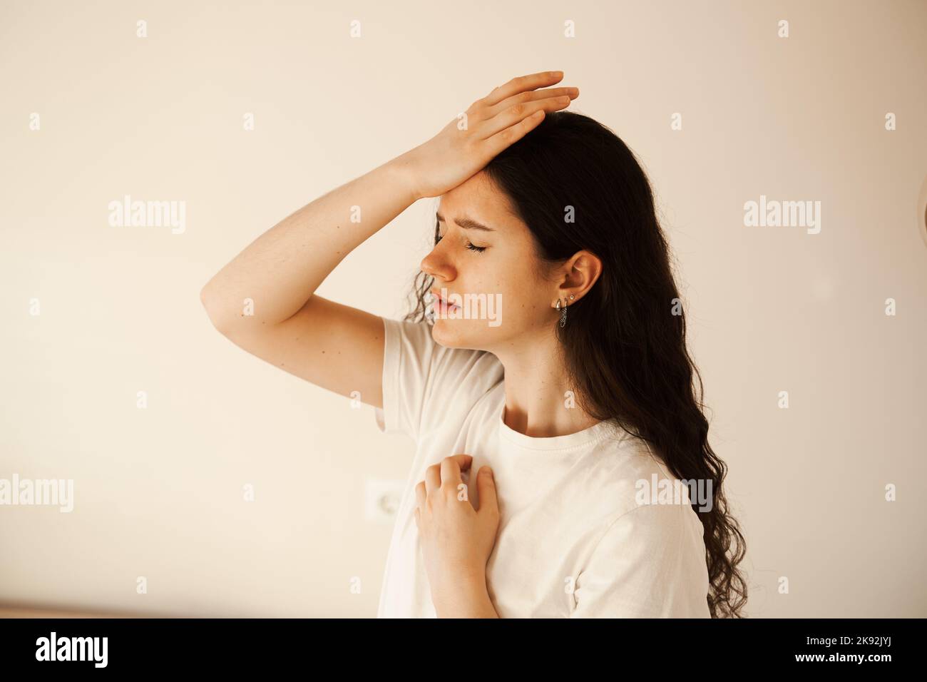 Sad woman with migraine strong headache disease. Depression ...