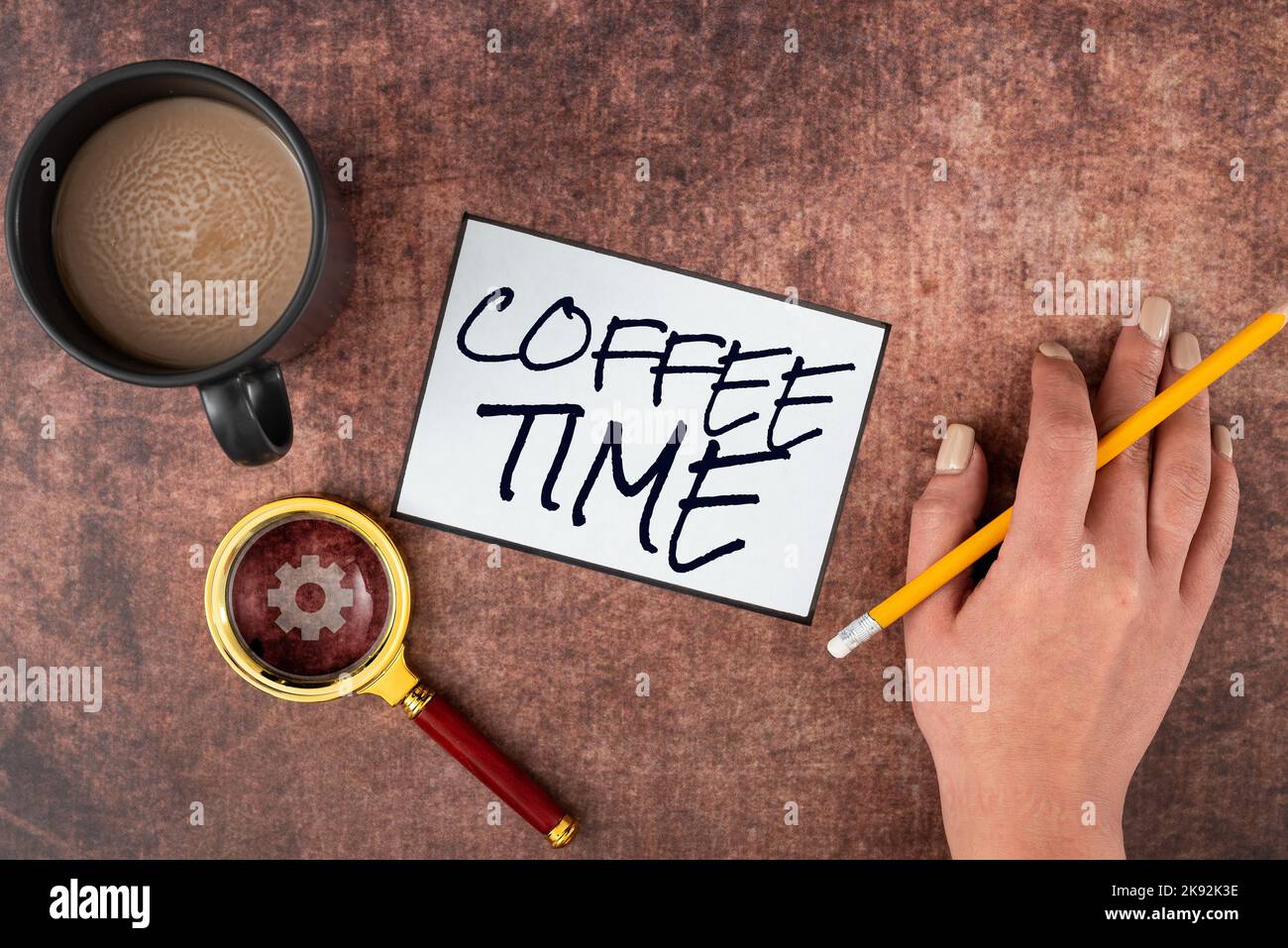 Hand writing sign Coffee Time. Concept meaning a chosen period when a ...
