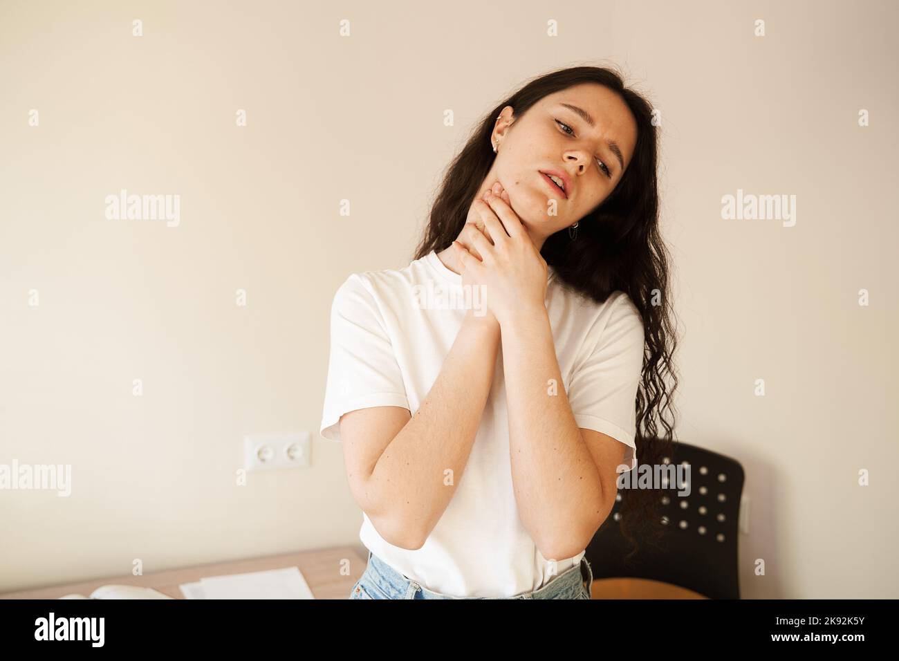 Pharyngitis First Symptoms Throat Ache Sick Attractive Girl Touches
