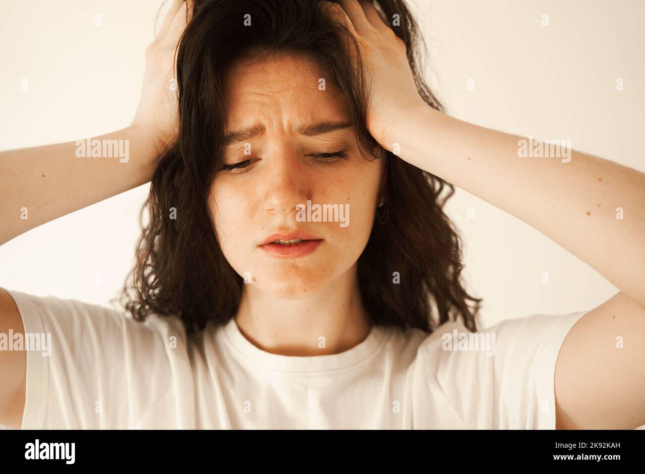 Sad woman with migraine strong headache disease. Depression ...