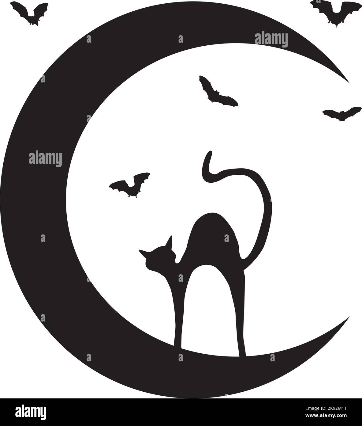 vector illustration of a moon, a cat, bats. Halloween background Stock ...