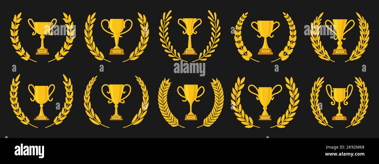 Golden goblet with laurel wreath flat set. Champion gold prize heraldic ...