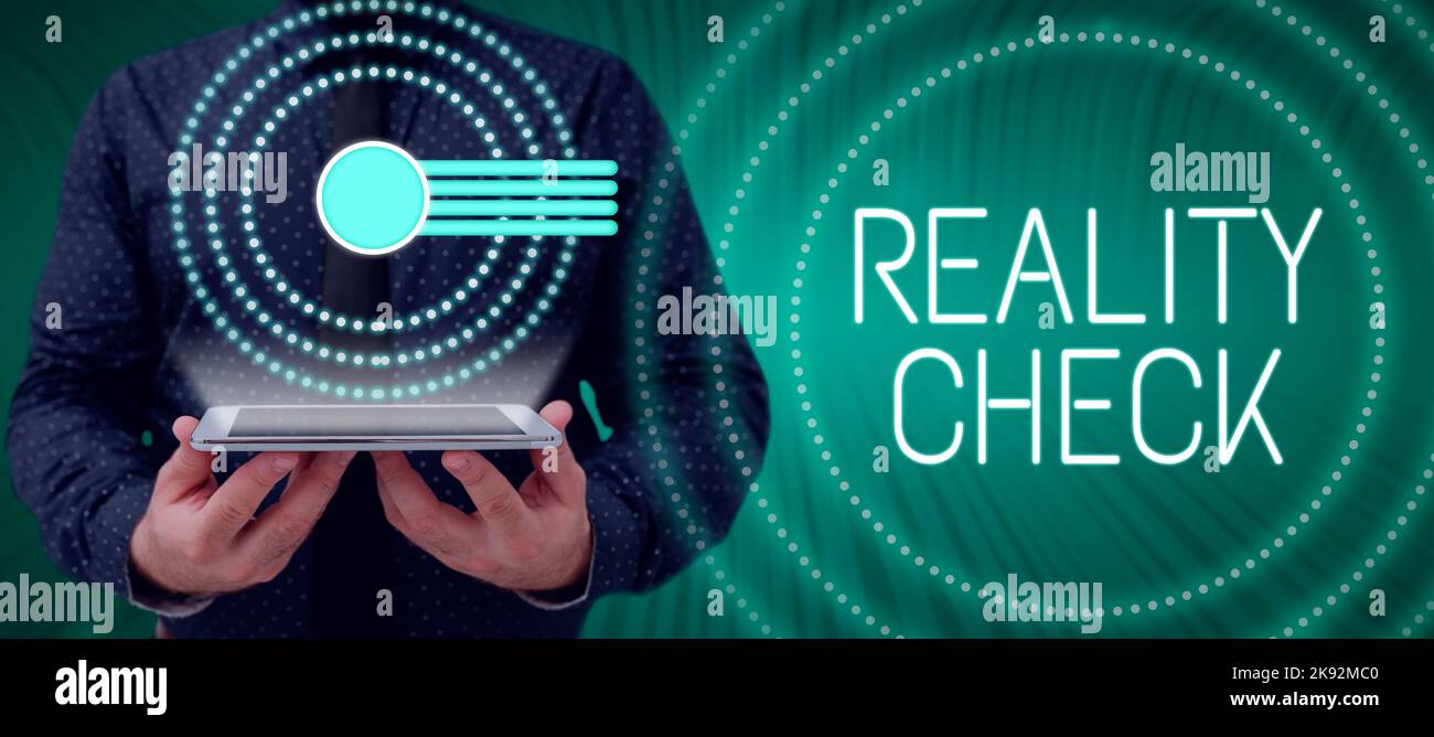 Text caption presenting Reality Check. Business concept making the ...