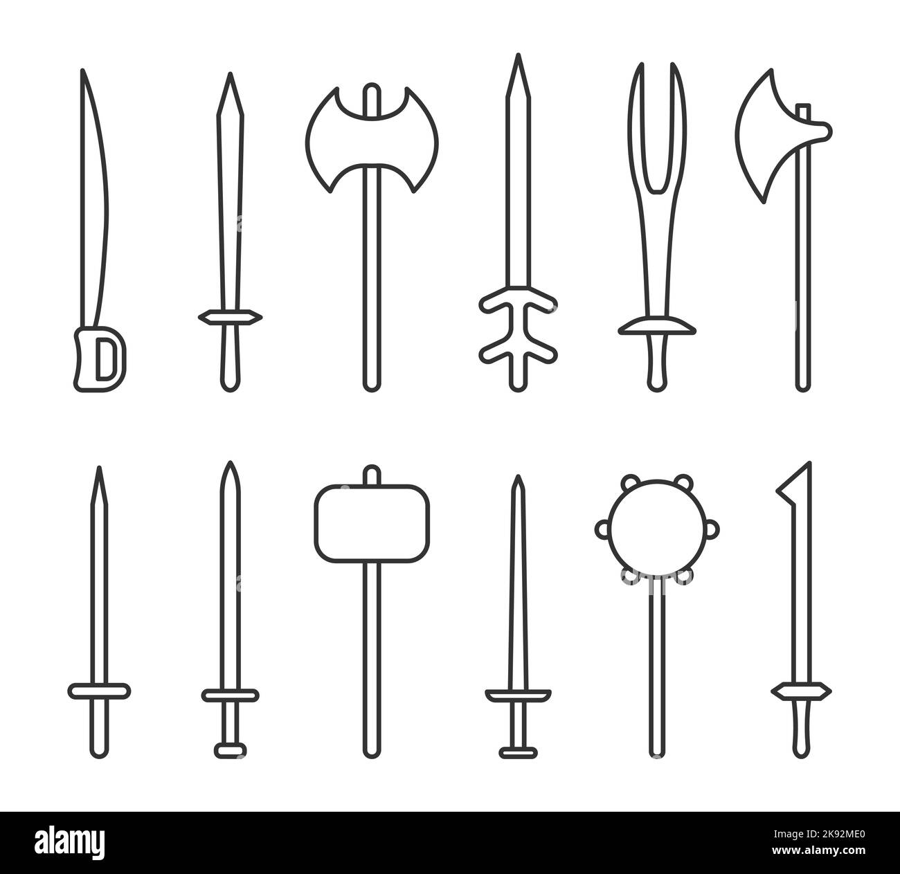 Sword black weapon outline vintage icon set. Military linear isolated ...