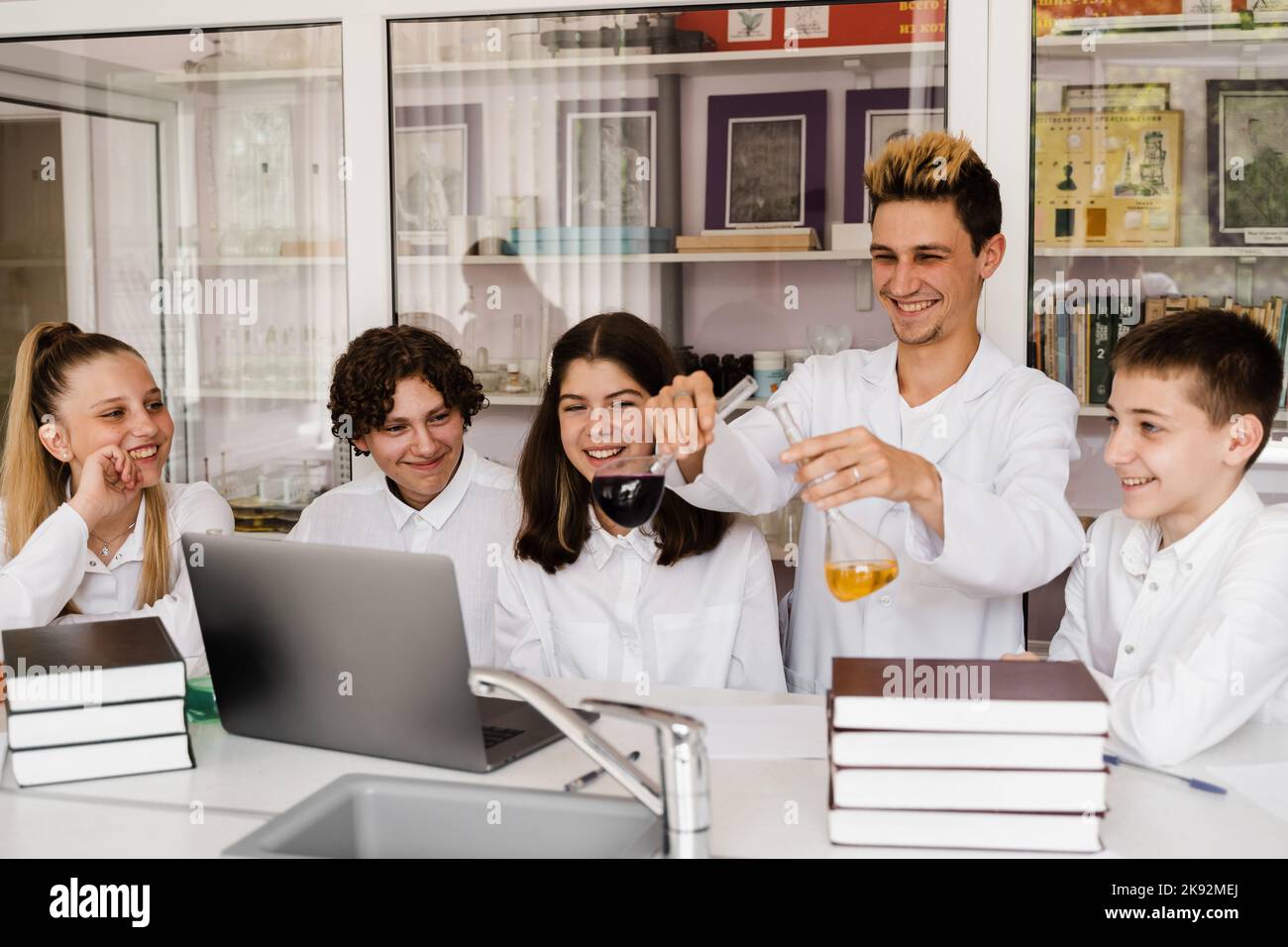 Education. Chemical experiments at a chemistry lesson at school ...