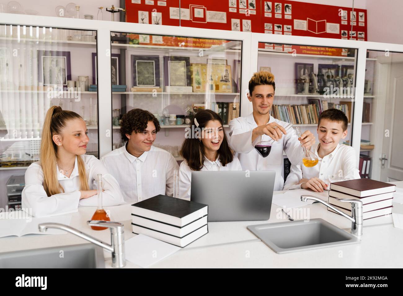 Education. Chemical experiments at a chemistry lesson at school ...