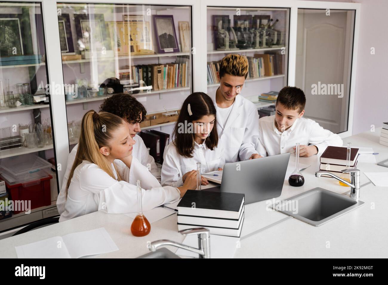 The class is studying in the chemistry lesson at school in the ...