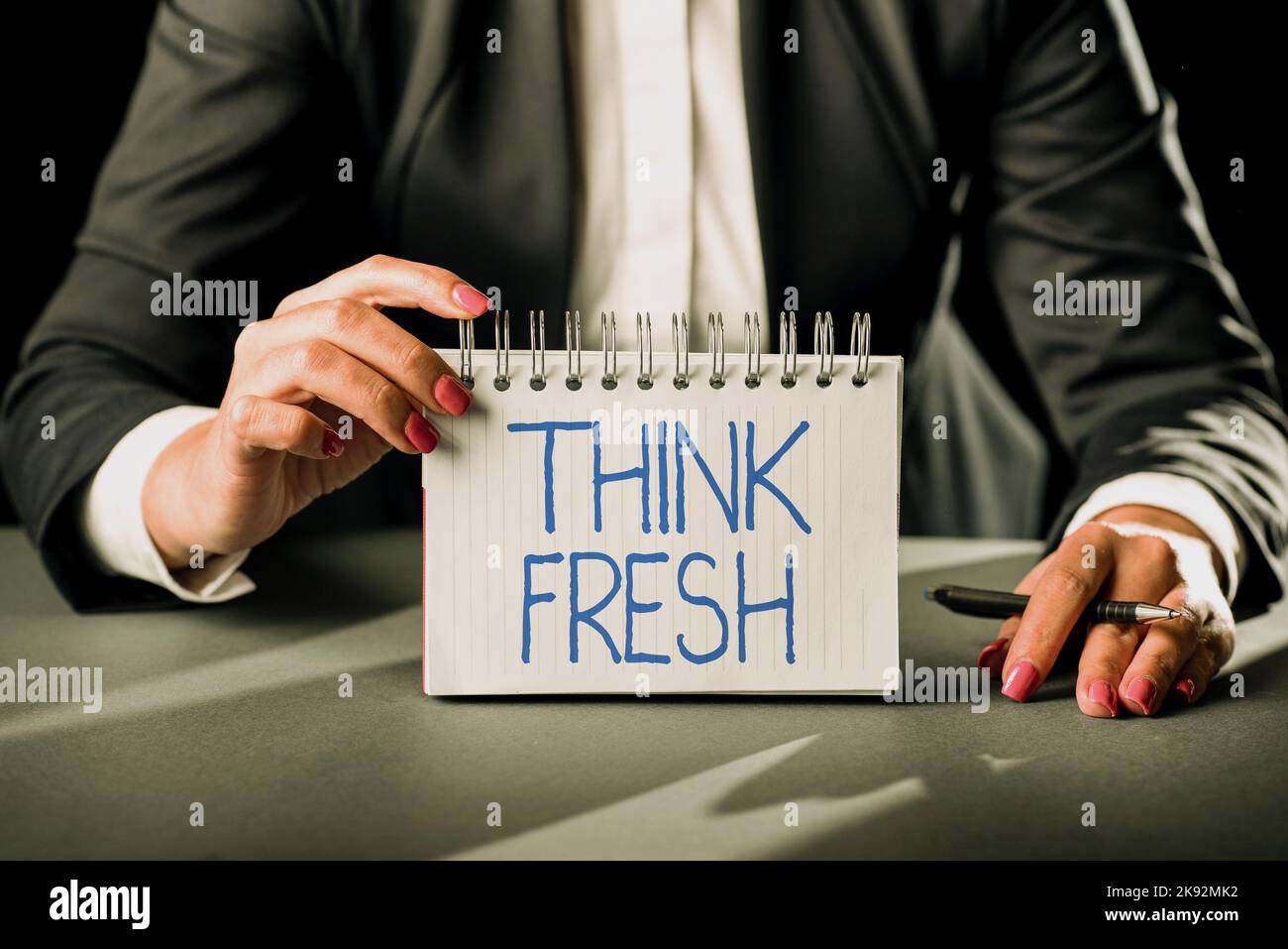 Hand writing sign Think Fresh. Internet Concept a new perspective of thinking when producing ...