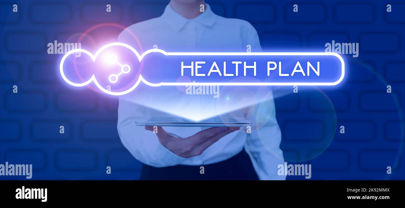 Sign displaying Health Plan. Concept meaning type of insurance that ...