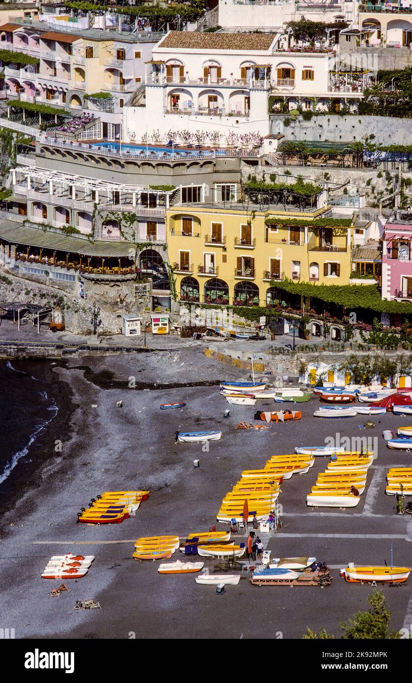 Positano, Italy - June 30, 1995: Scenic picture-postcard view of the ...