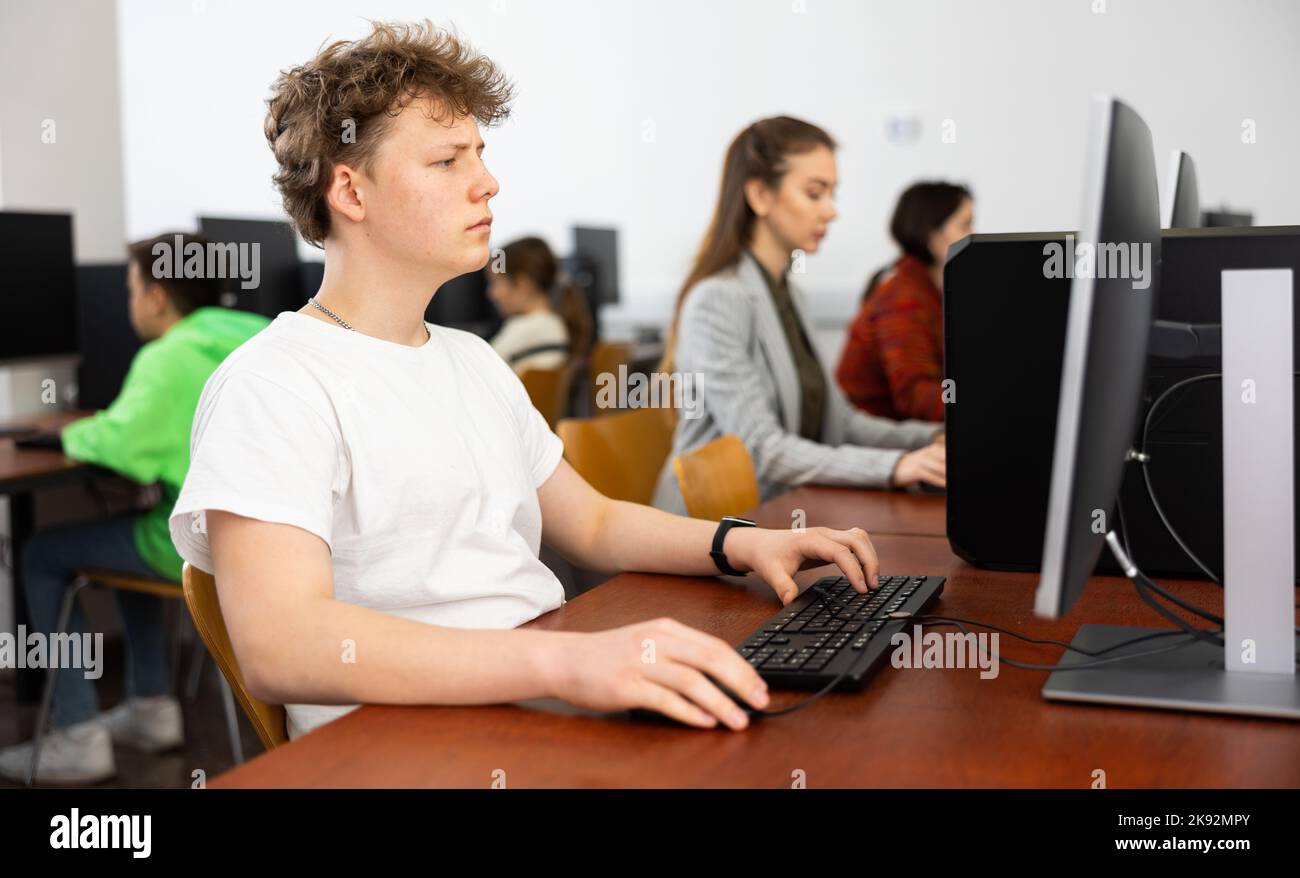 Interested teenage student during lesson in computer class Stock Photo ...