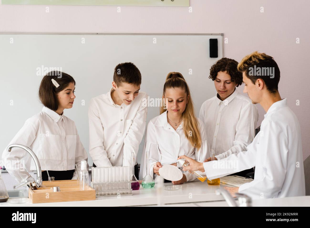 Education. Chemical experiments at a chemistry lesson at school ...